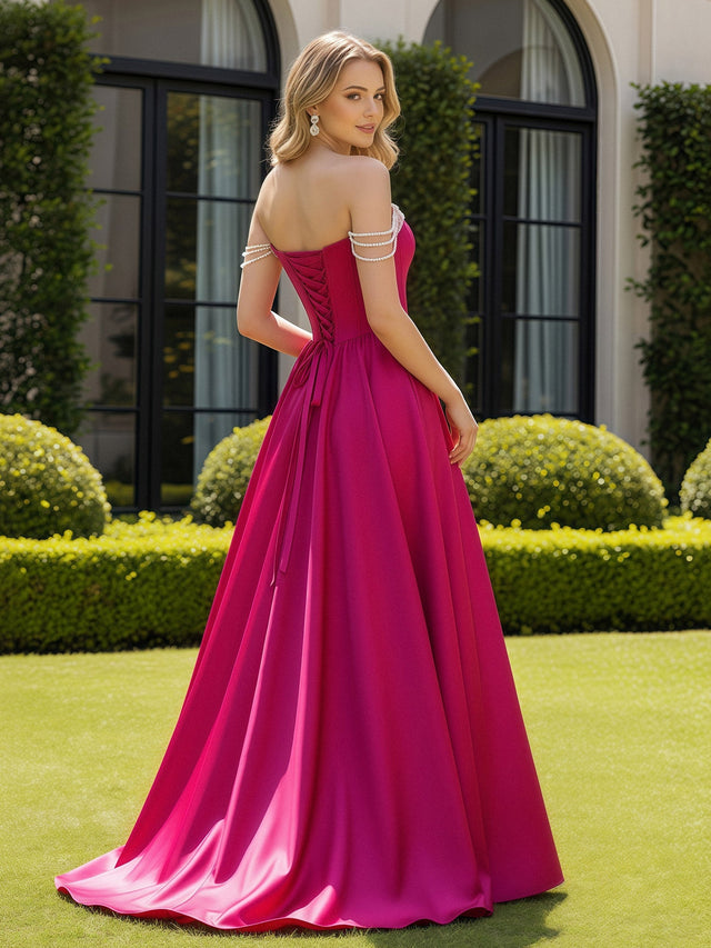 Robe de bal Perlée à A-ligne et Hors de l'Épaule avec Traîne Balayage ...