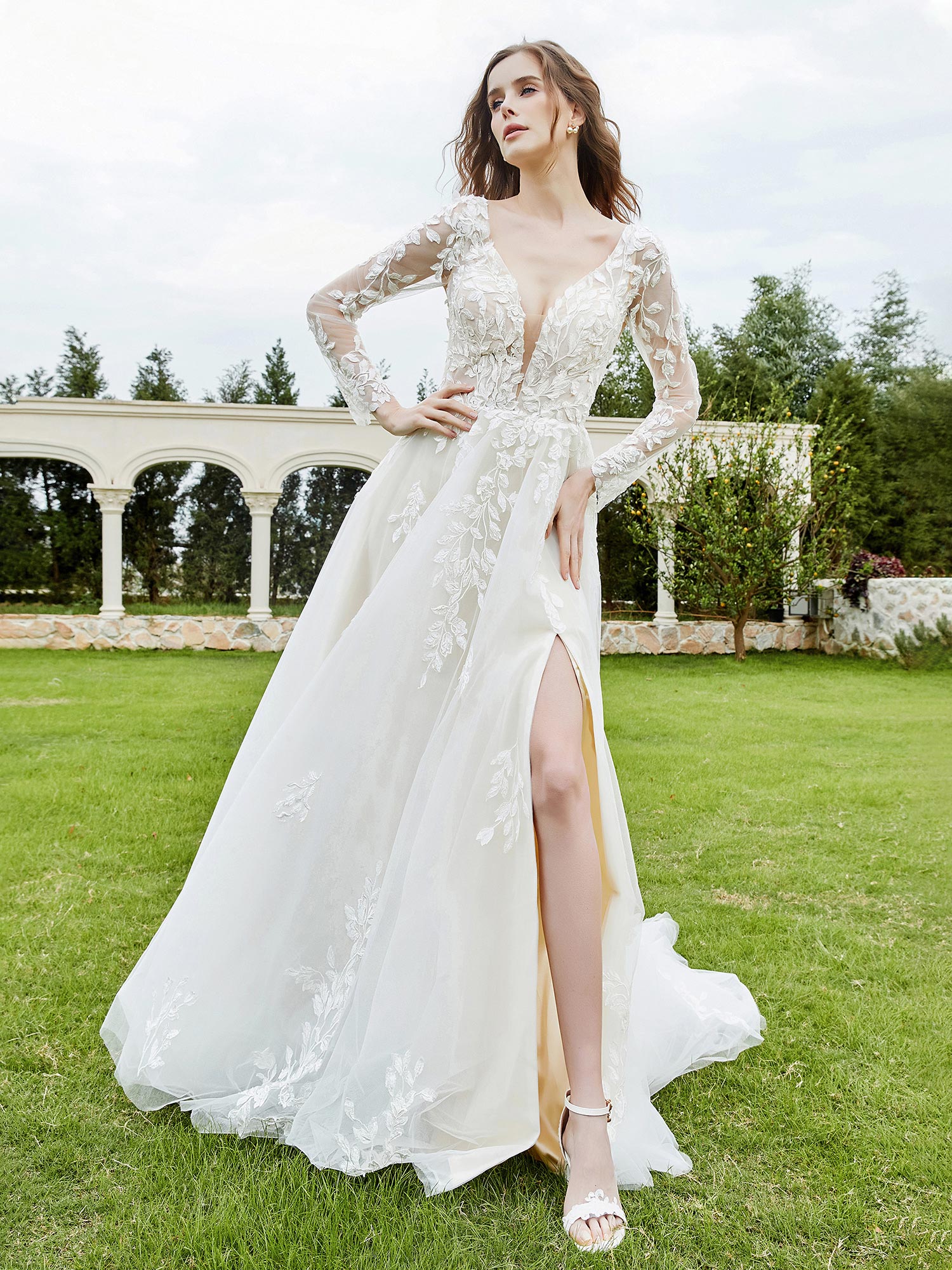 BABARONI Tulle Dentelle Ivoire Robes De Mariée A-ligne Col en V ...