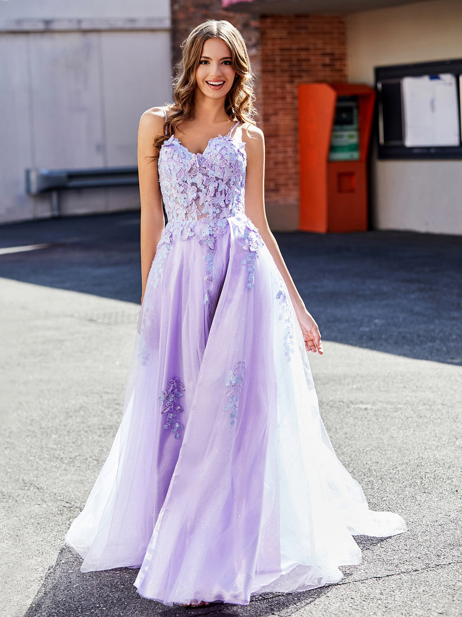 BABARONI Tulle Lilas Robes de Bal A-ligne Col en Cœur Bretelles ...