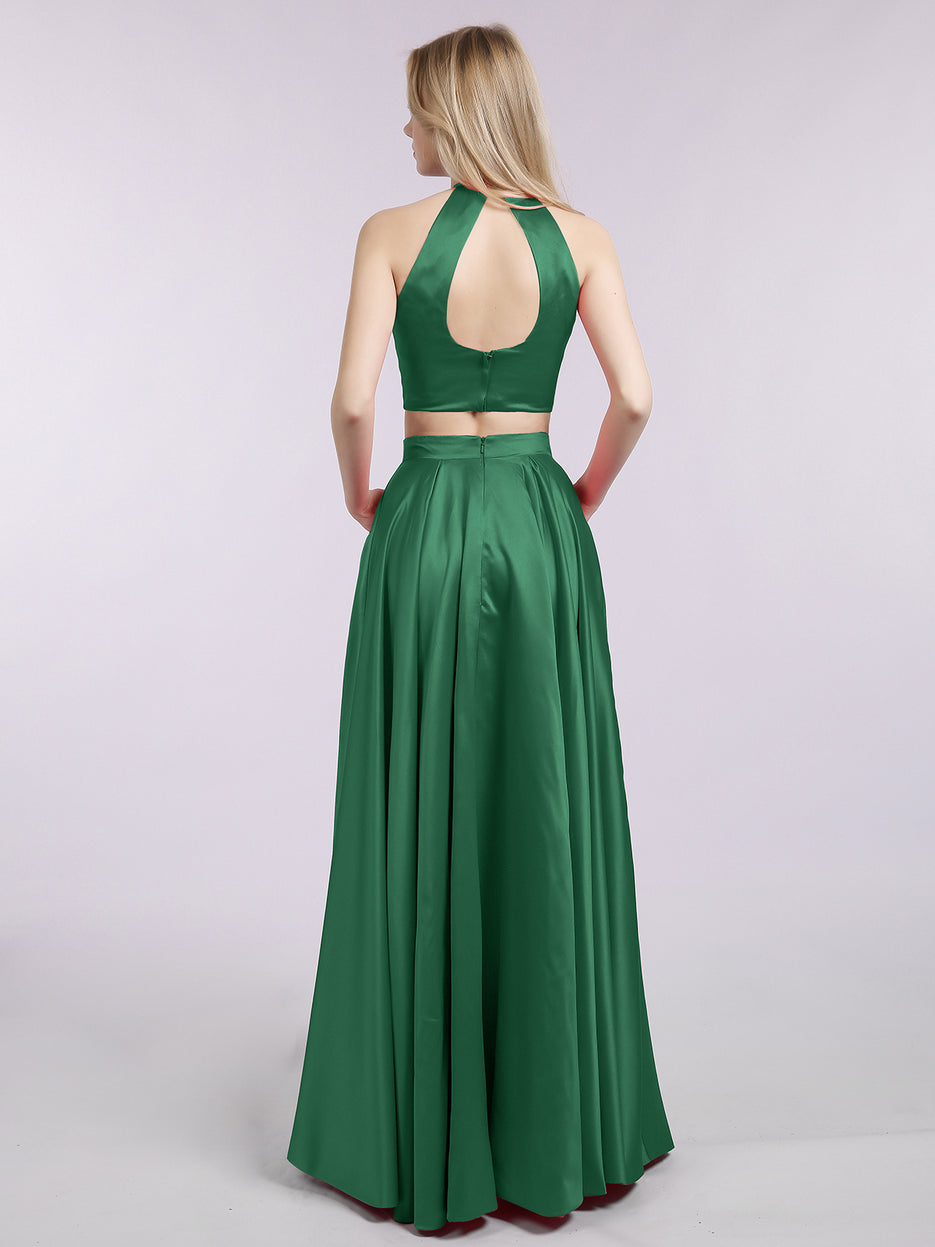 BABARONI Satin Vert Foncé Robes de Bal A-ligne Licou Sans Manches ...