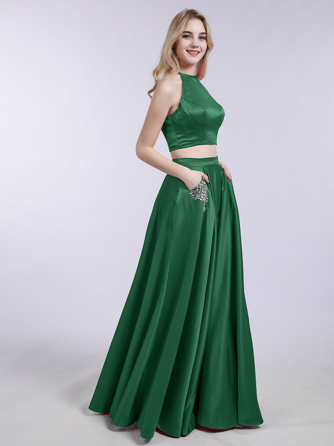 BABARONI Satin Vert Foncé Robes de Bal A-ligne Licou Sans Manches ...