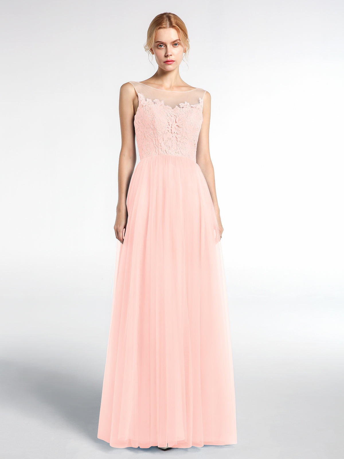 Robe Longue en Dentelle Et Tulle à Décolleté Illusion Rose Perle ...